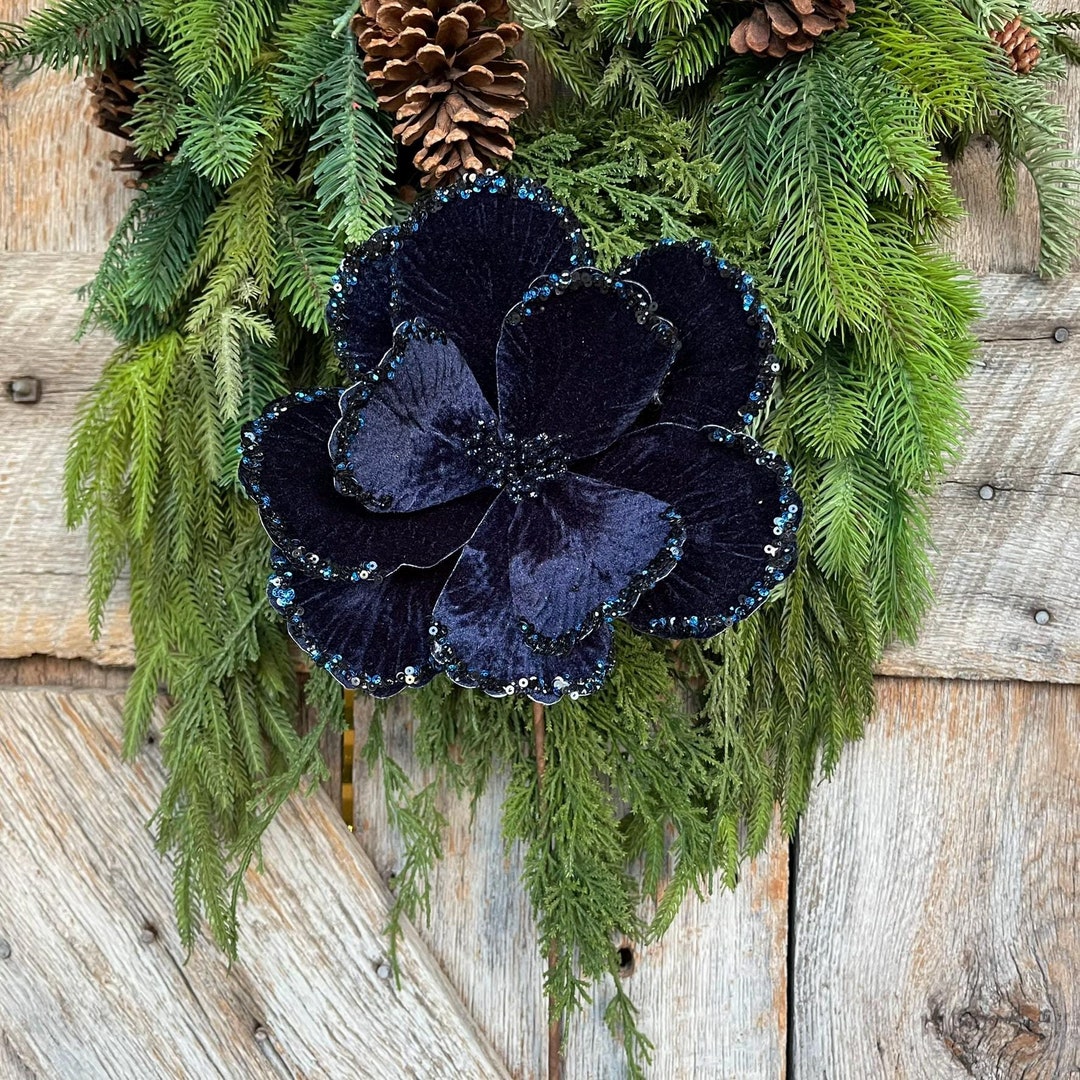 24" Dark Blue Magnolia, Sequin Border Magnolia, Christmas Magnolia Stem ...