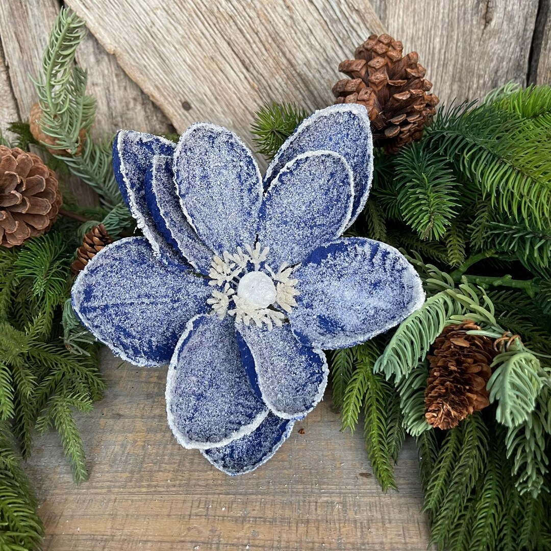 23" Midnight Blue Magnolia Stem, Blue Christmas Magnolia, Holiday Decor ...