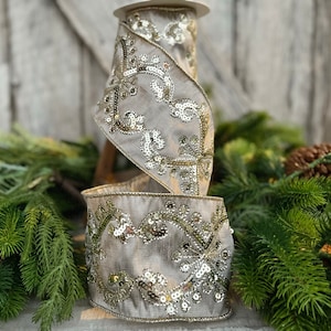 4" Champagne Gold Sequin Ribbon, 4 Inch Wired Christmas Ribbon ...