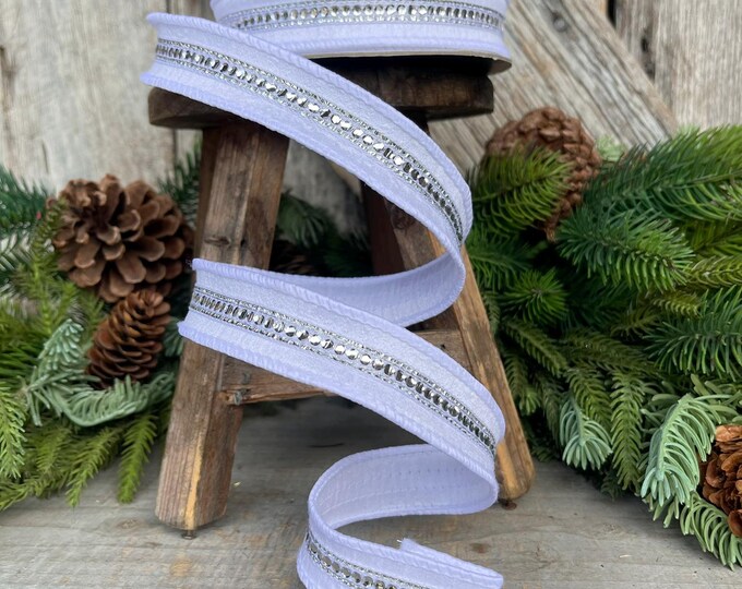 1" White Silver Twinkle Trim Ribbon, Farrisilk Ribbon, White Jeweled ...