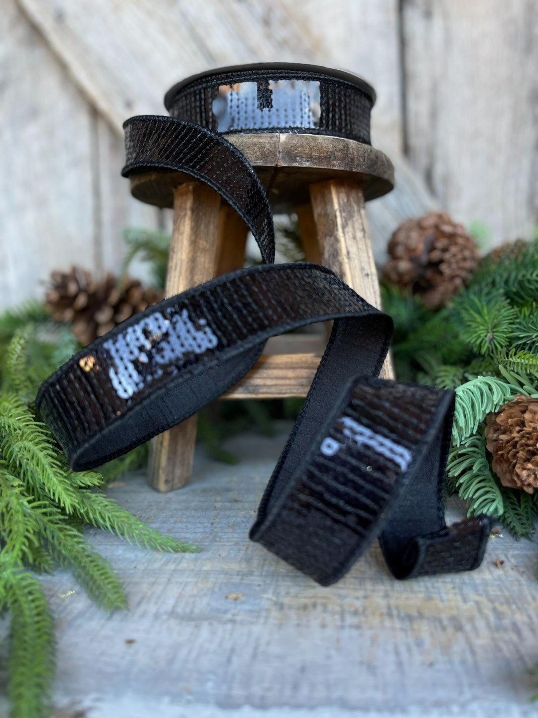 1 Black Sequin Ribbon, Farrisilk Ribbon, Black Ribbon, Christmas Ribbon ...