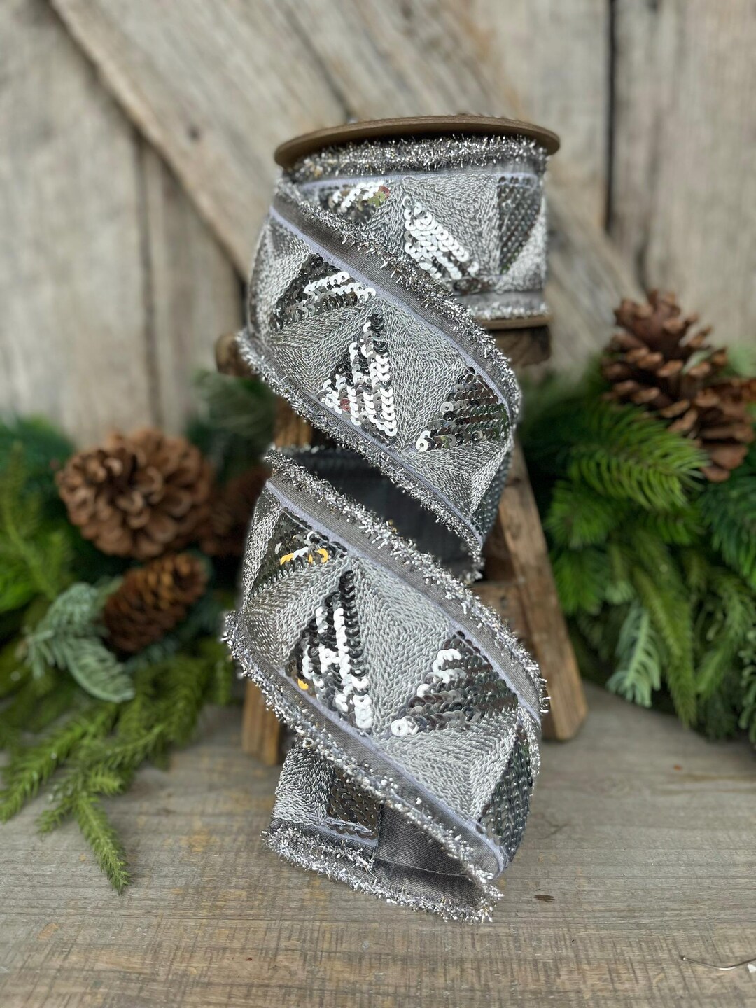 2.5 Silver Sequin Ribbon, Silver Christmas Ribbon, Disco Ribbon, Silver ...
