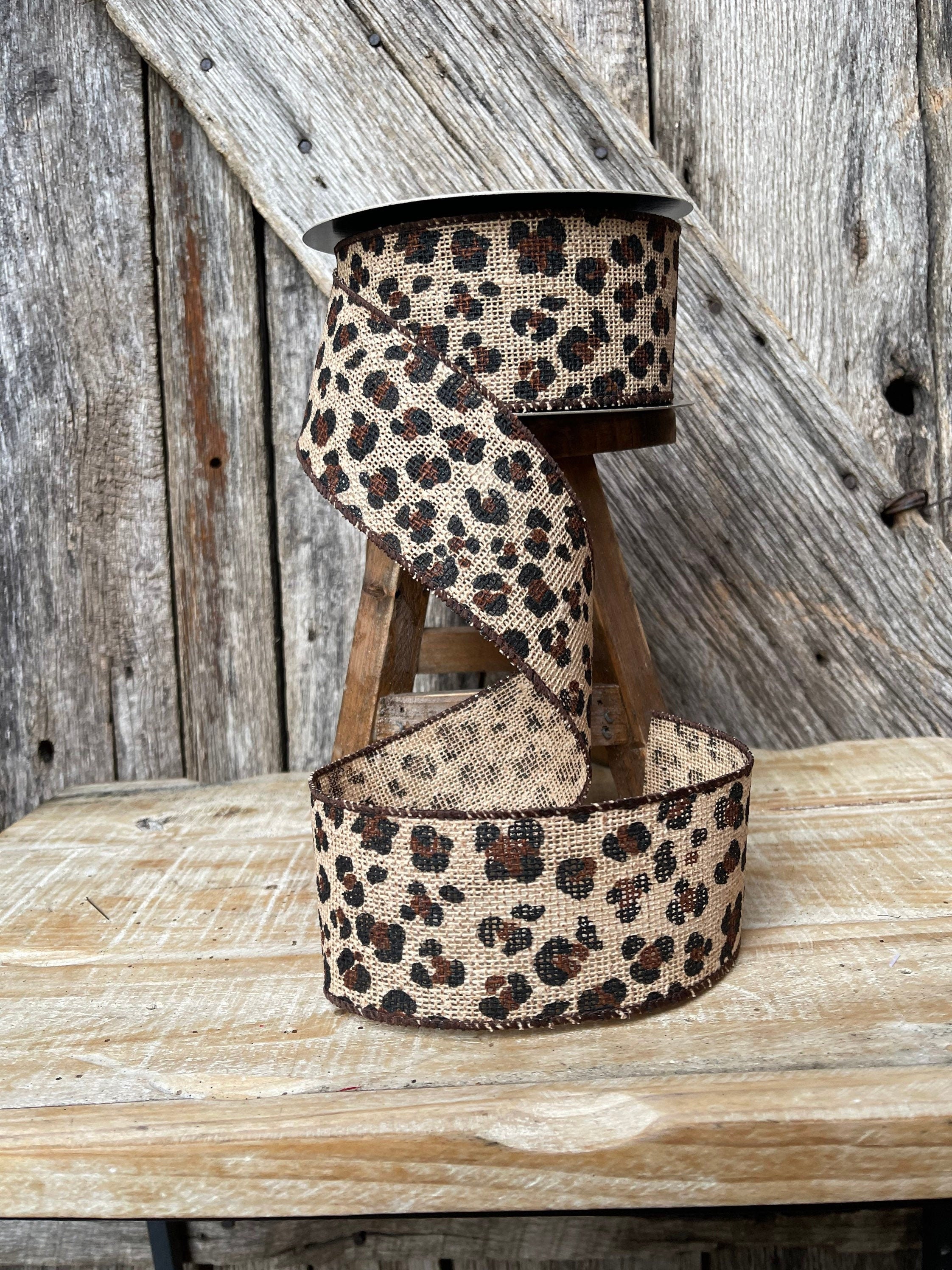 Leopard ribbon, burlap leopard ribbon, wired ribbon, 2.5 inch ribbon ...