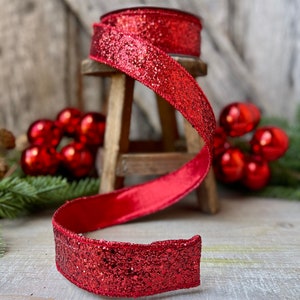 Red Chunky Glitter Wired Ribbon, Farriislk Ribbon, Christmas Ribbon, 1. ...