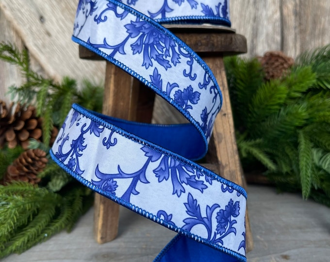 1.5" Blue Chinoiserie Ribbon, Blue and White Chinoiserie Ribbon, Wired ...