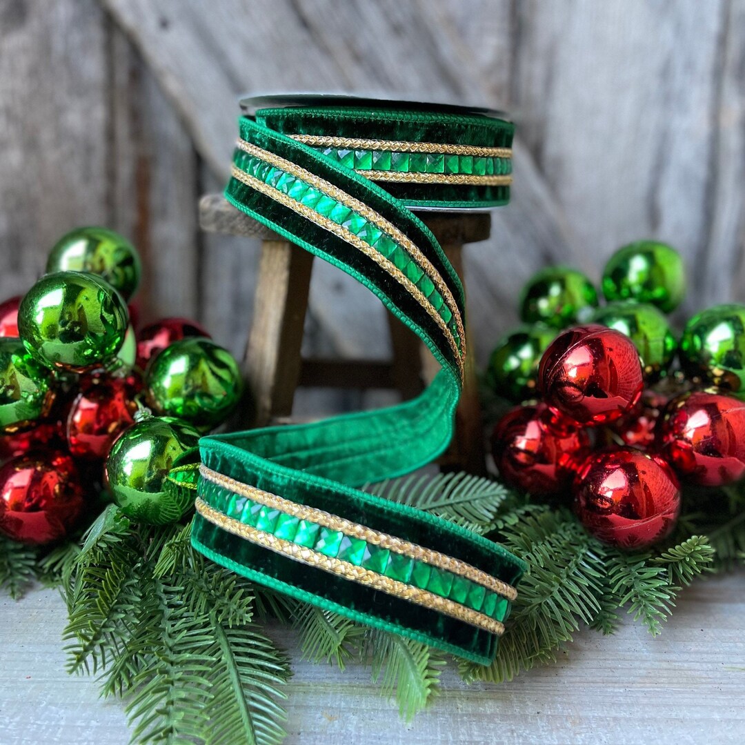 Green Emeral Cut Gemstones Ribbon, 1.5" Emerald Velvet Jeweled Ribbon ...