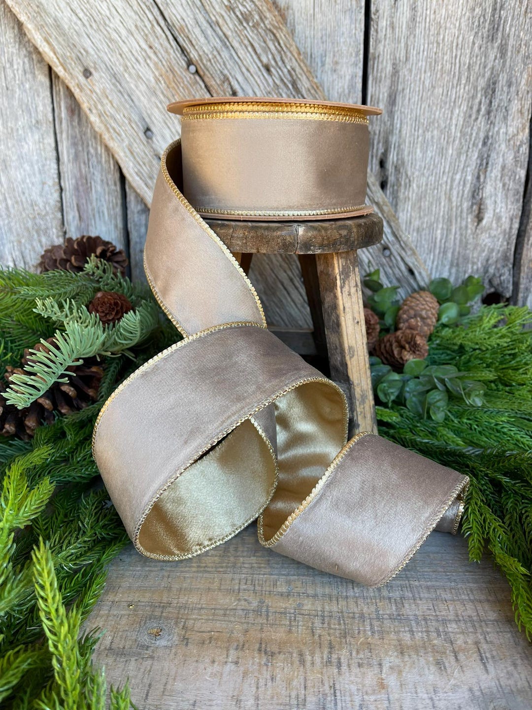 2.5" Mink Brown Velvet Ribbon, Wired Ribbon, Champagne Gold Velvet ...