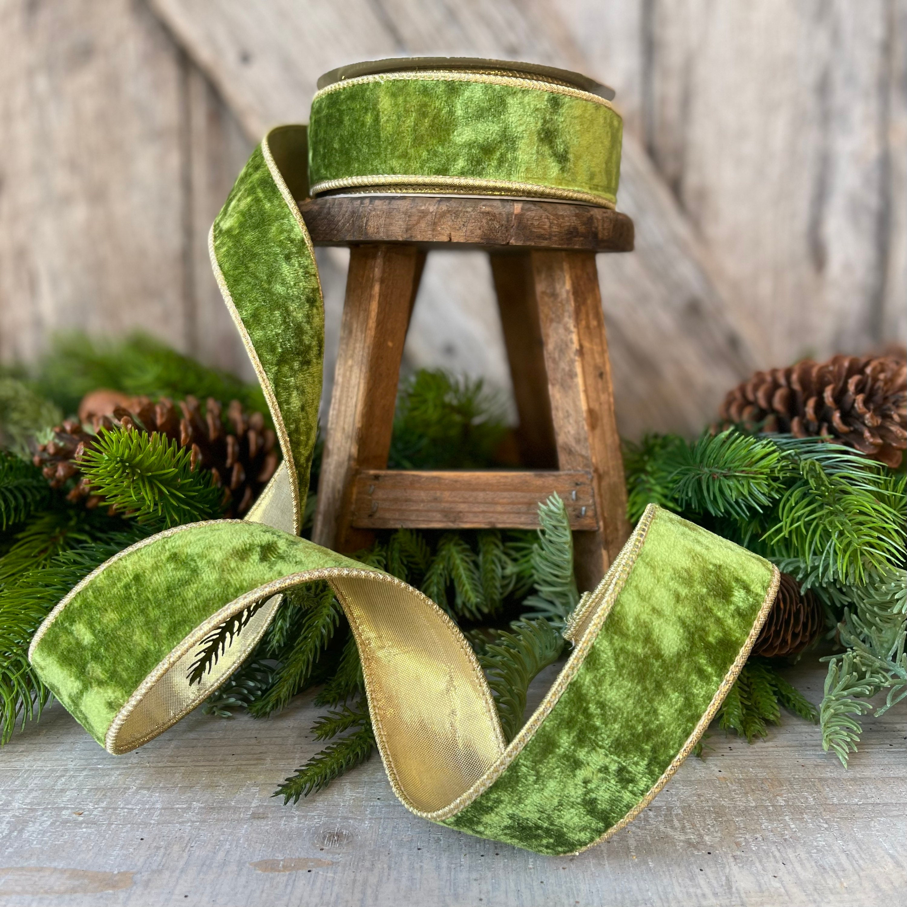 1.5 Moss Green Velvet Ribbon, Wired Velvet Ribbon, Christmas Velvet ...