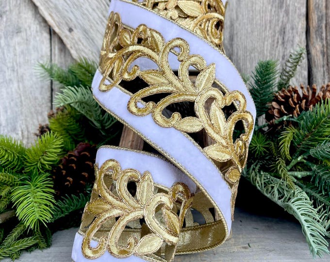 4" White Gold Embroidered Lancet Ribbon, Farrisilk Ribbon, White ...