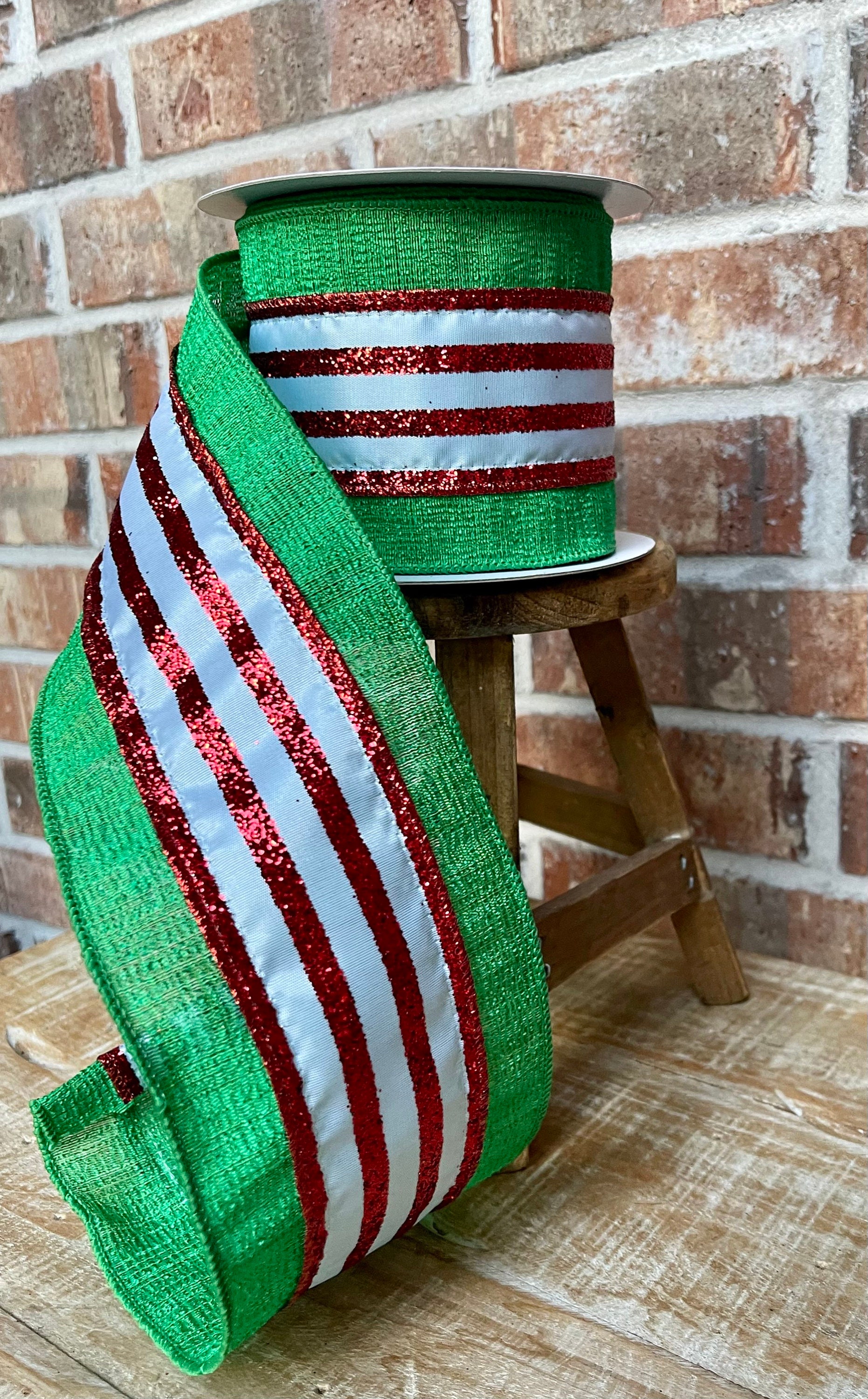 Red green ribbon, Christmas ribbon, 4 inch ribbon, red white stripe ...