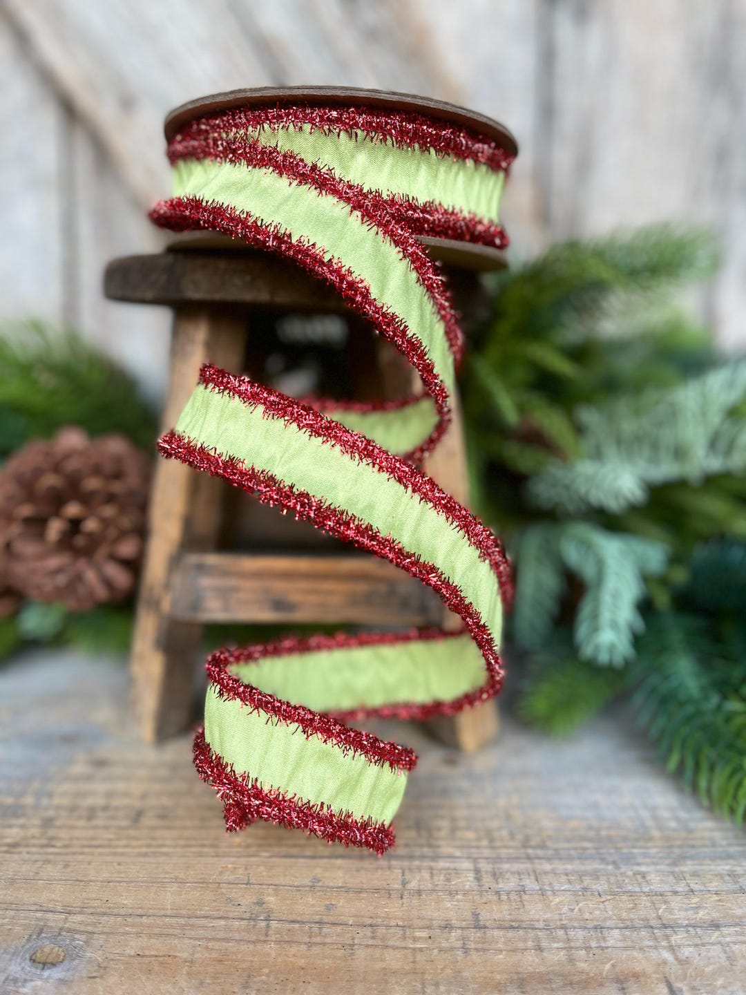 1" Lime Green & Red Tinsel Ribbon, Christmas Ribbon, Green Ribbon ...