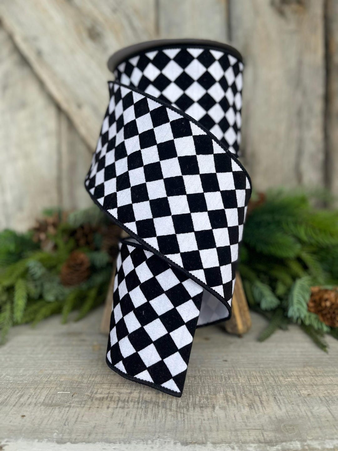 4" Black and White Retro Harlequin Ribbon, Farrisilk Ribbon, Flocked ...