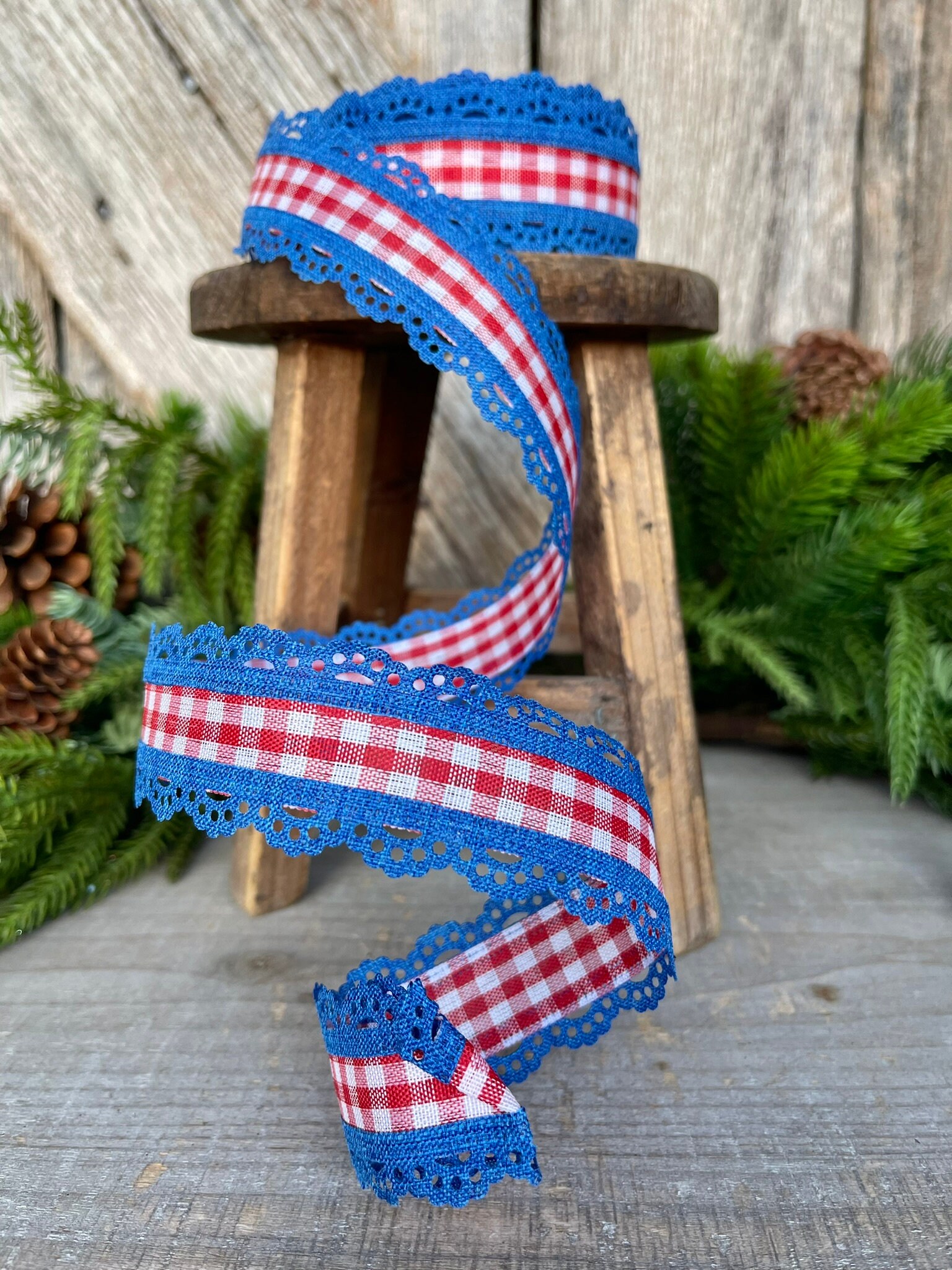 1.5 Patriotic Gingham Ribbon, Blue Scalloped Patriotic Wired Ribbon ...