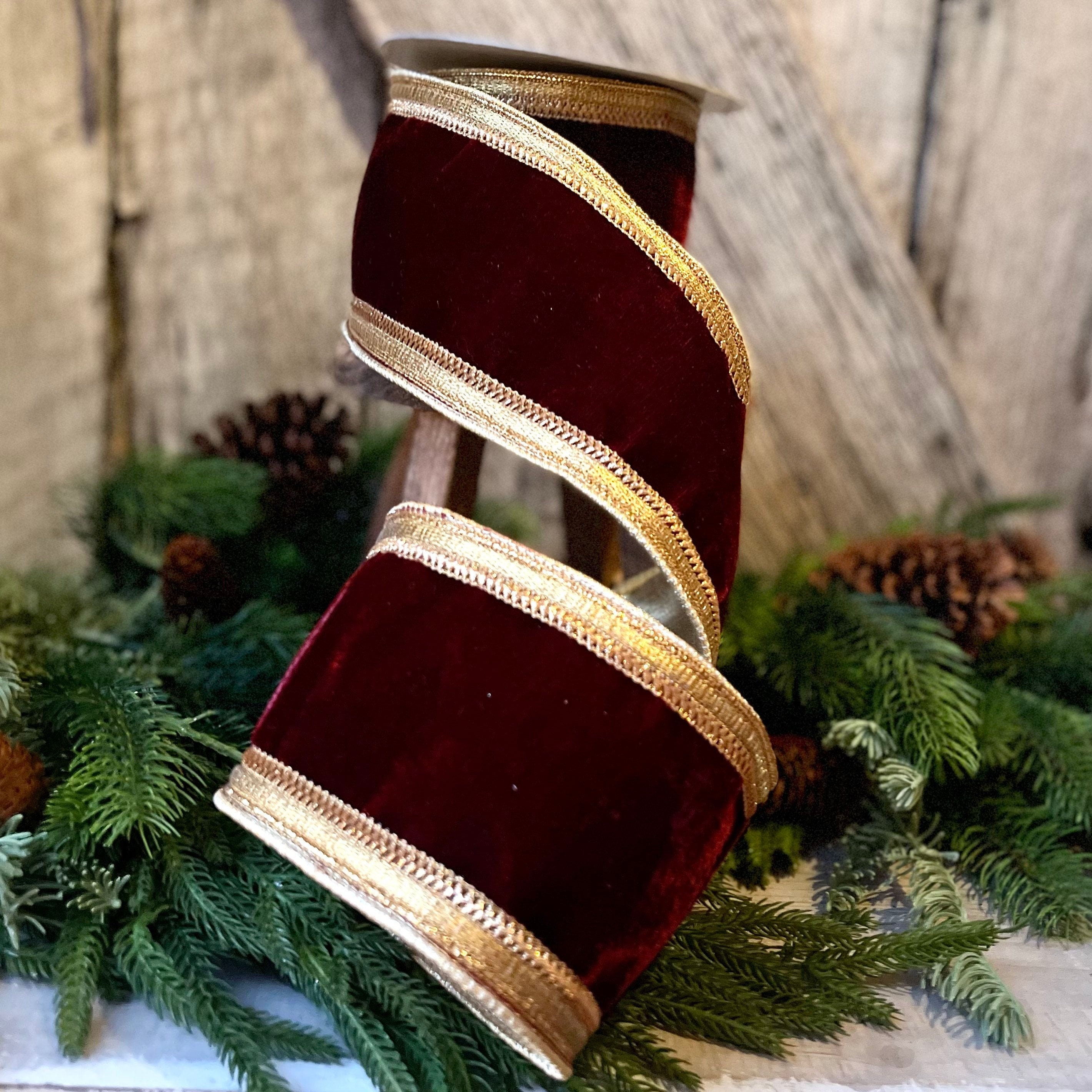 4 Burgundy Velvet with Gold Borders, Christmas Tree Ribbon, Velvet ...