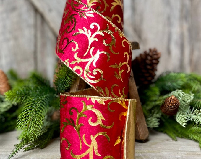 10 Yards, Red Scarlet Metallic Gold Scroll Christmas Ribbon, Wired ...