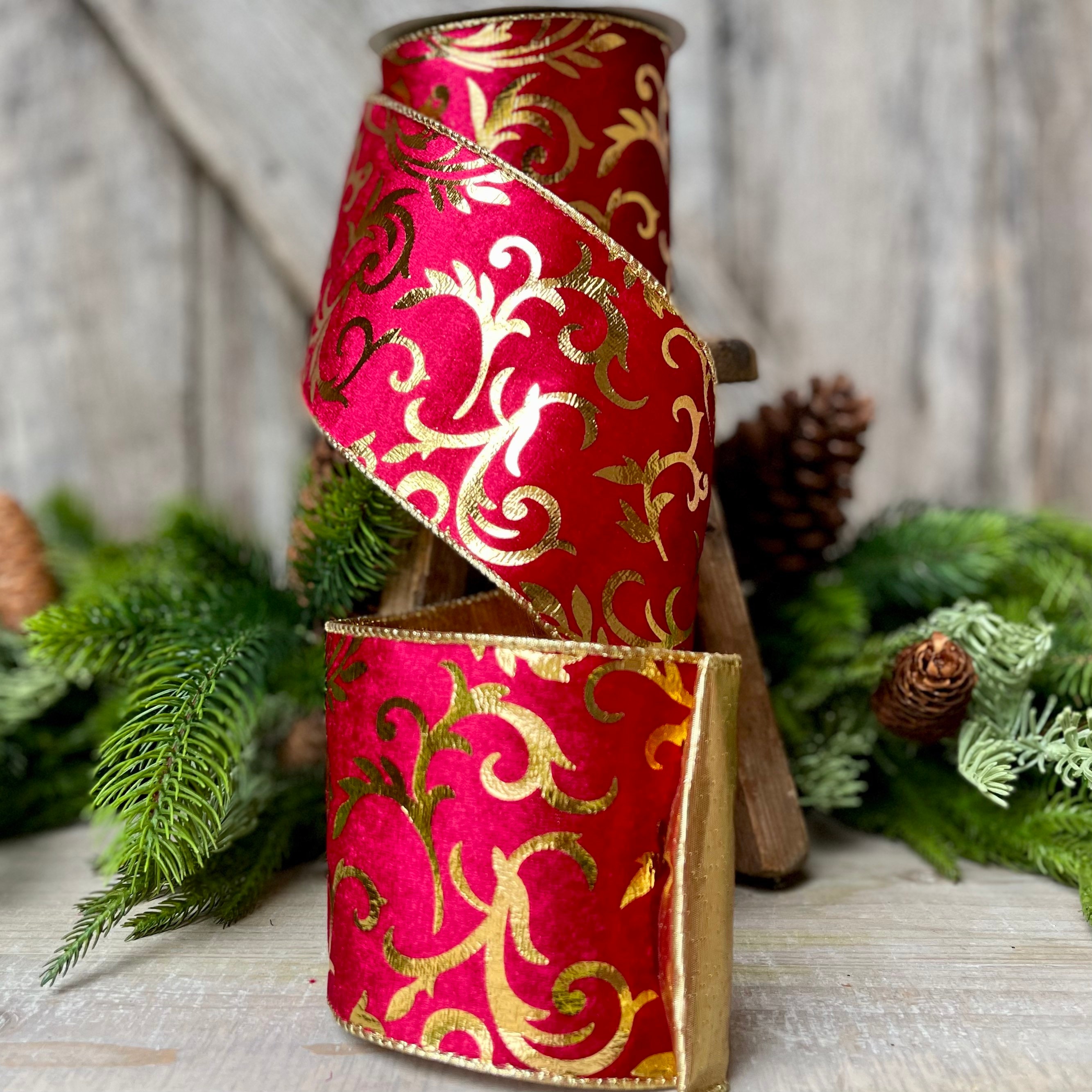 10 yards, Red Scarlet Metallic Gold Scroll Christmas Ribbon, Wired ...