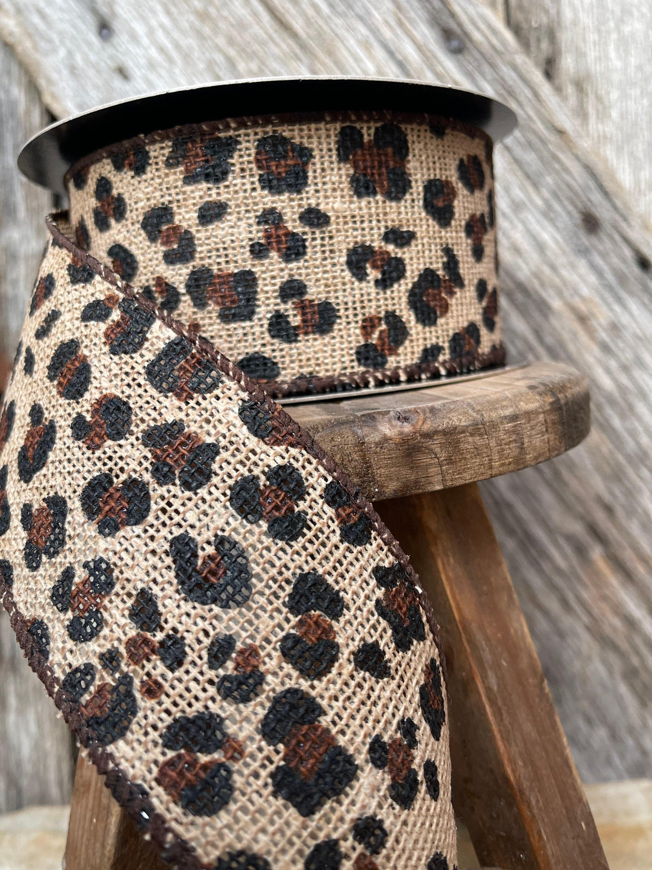 Leopard ribbon, burlap leopard ribbon, wired ribbon, 2.5 inch ribbon ...