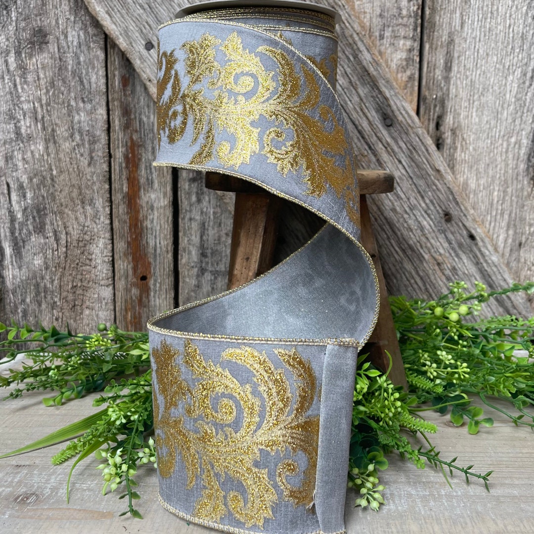 4" Silver and Gold Metallic Filigree Dupioni Wired Ribbon, Christmas ...