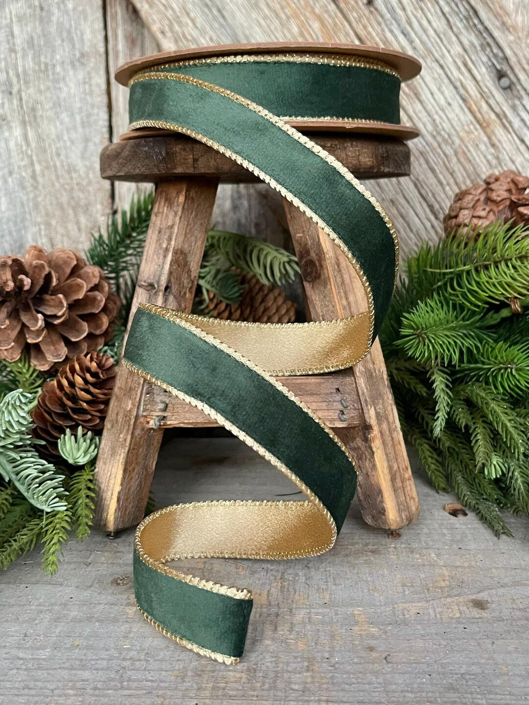 1" Green Velvet Ribbon, Green & Gold Velvet Ribbon, Christmas Ribbon ...
