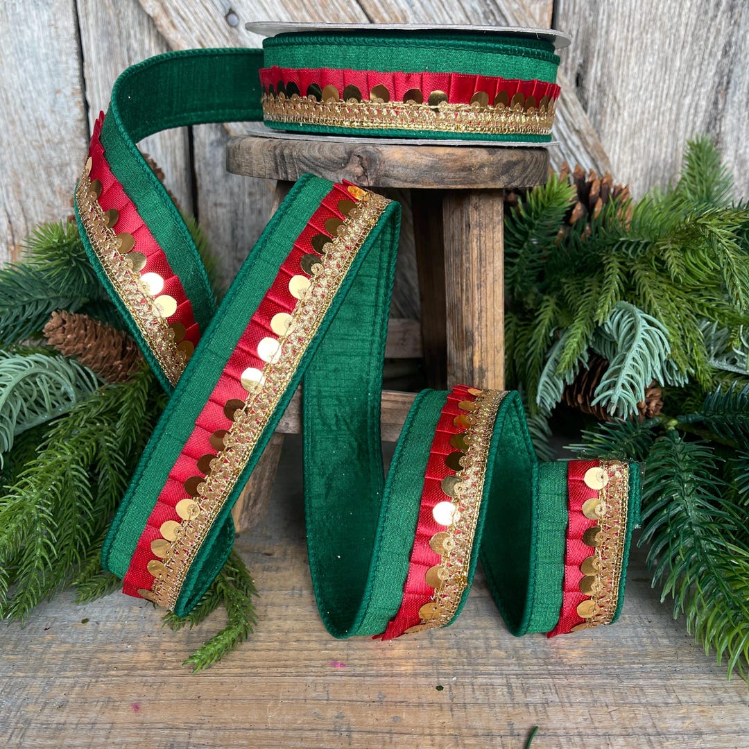 1" Green Red Festive Frills, Farrisilk Ribbon, Emerald Green Red Gold ...