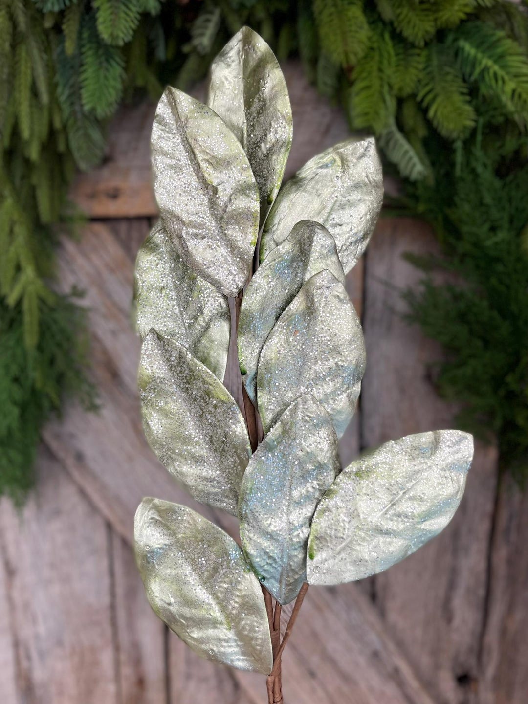 30" Aqua Glitter Metallic Magnolia Leaf Spray, Christmas Spray ...