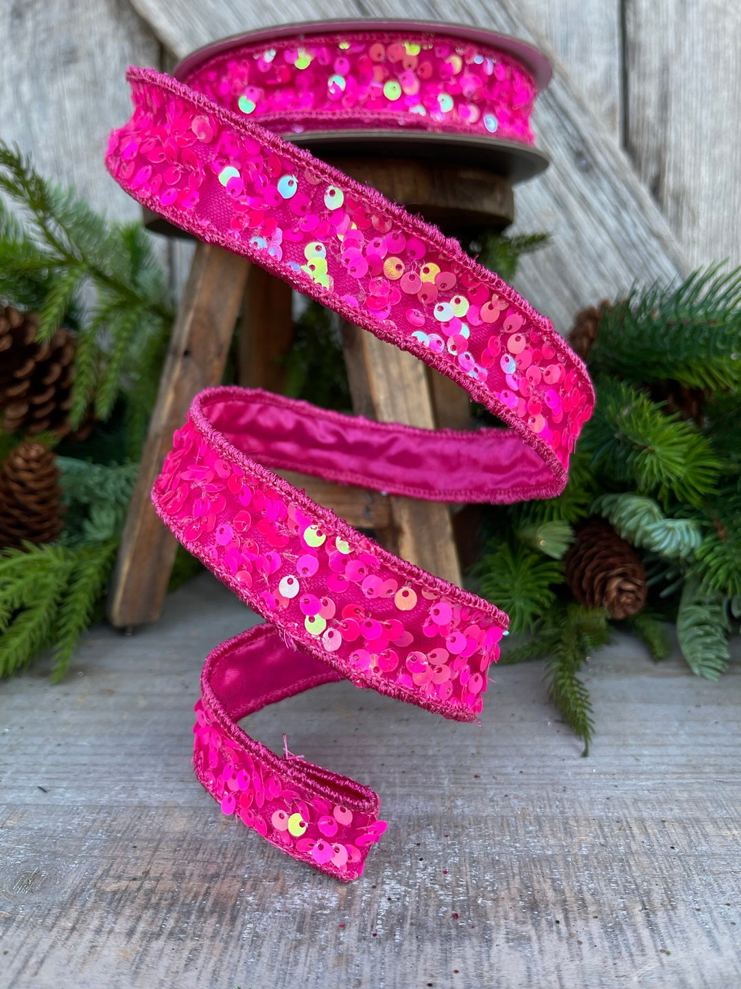 1" Hot Pink Sequin Ribbon, Wired Ribbon, Flashy Sequin Ribbon ...