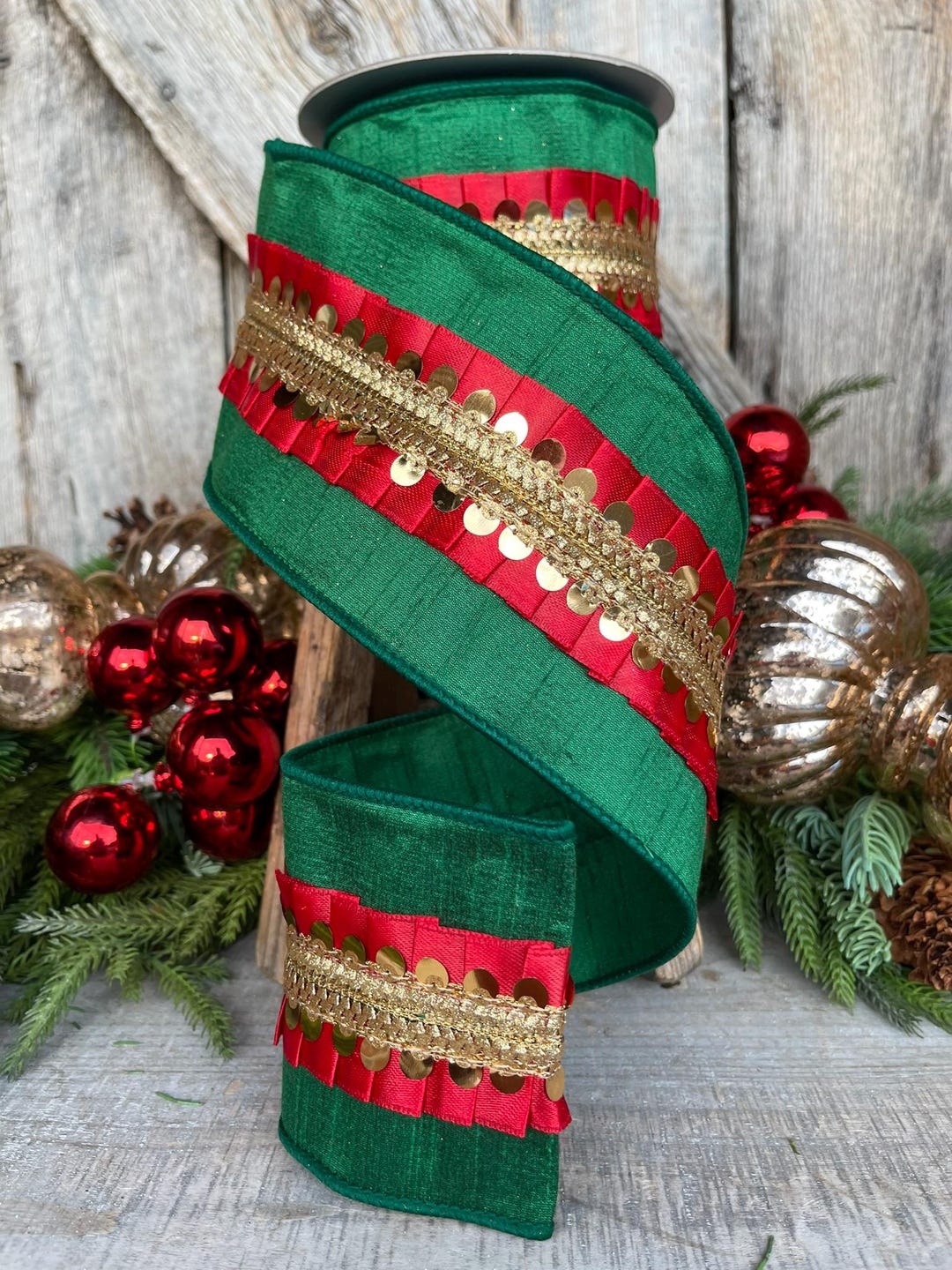 4" Red Green Nutcracker Frills, Farrisilk Ribbon, Wired Ribbon ...