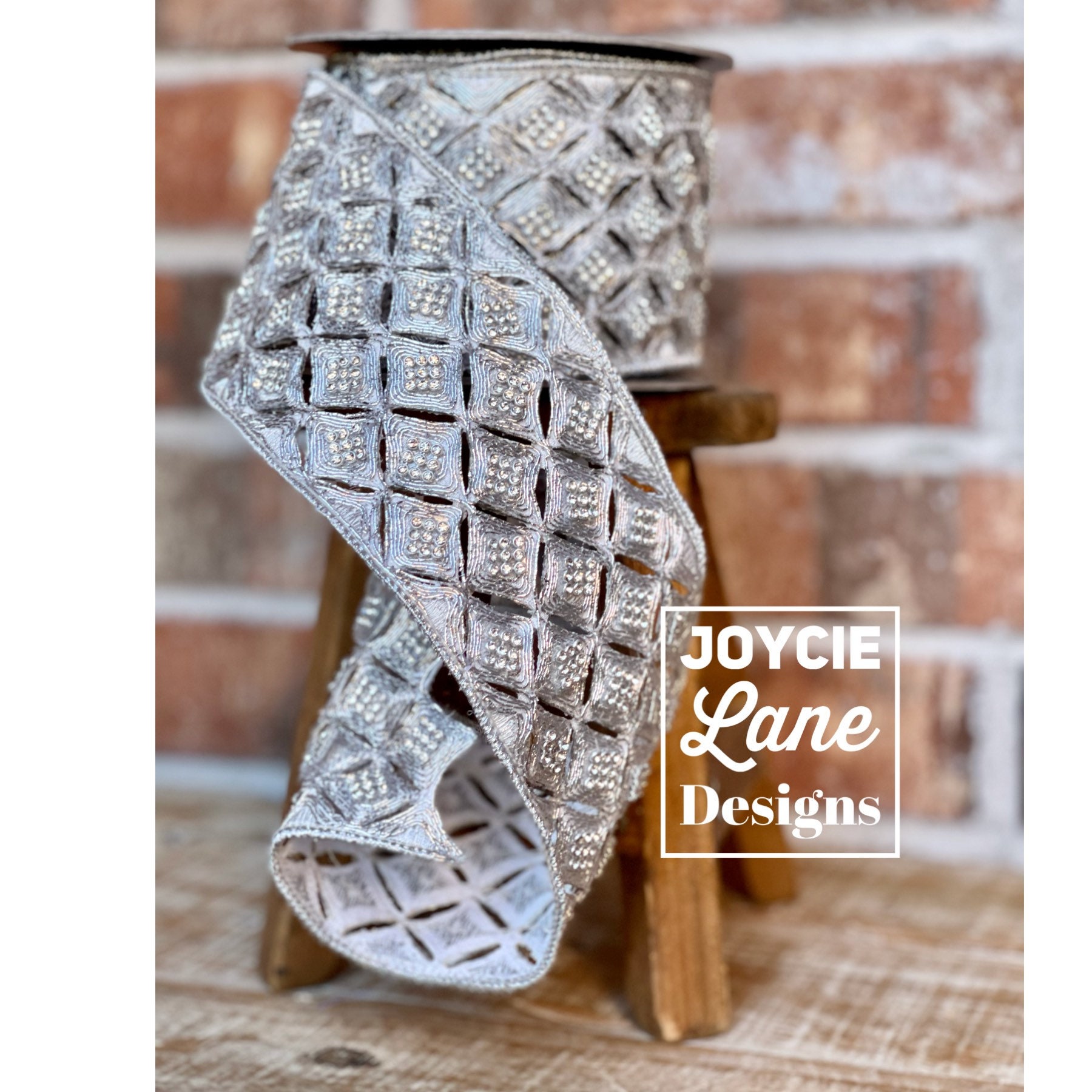 Jeweled ribbon, farrisilk ribbon, silver jeweled ribbon, 4 inch ribbon ...