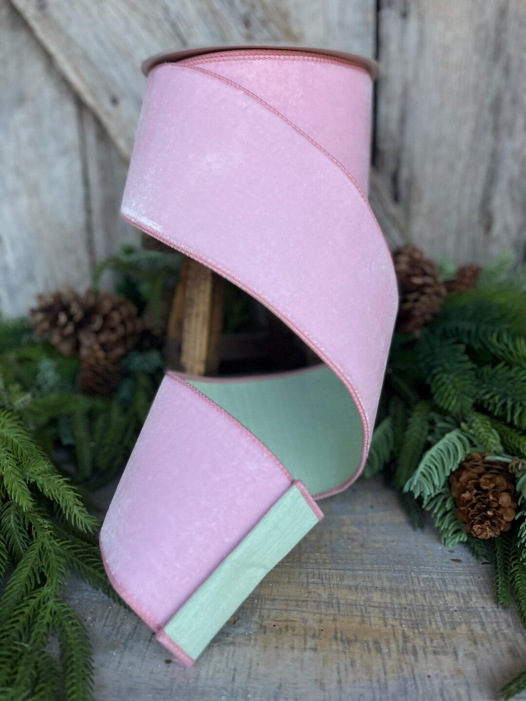 4 Pink Mint Green Velvet, Farrisilk Ribbon, Wired Ribbon, Pink Ribbon ...