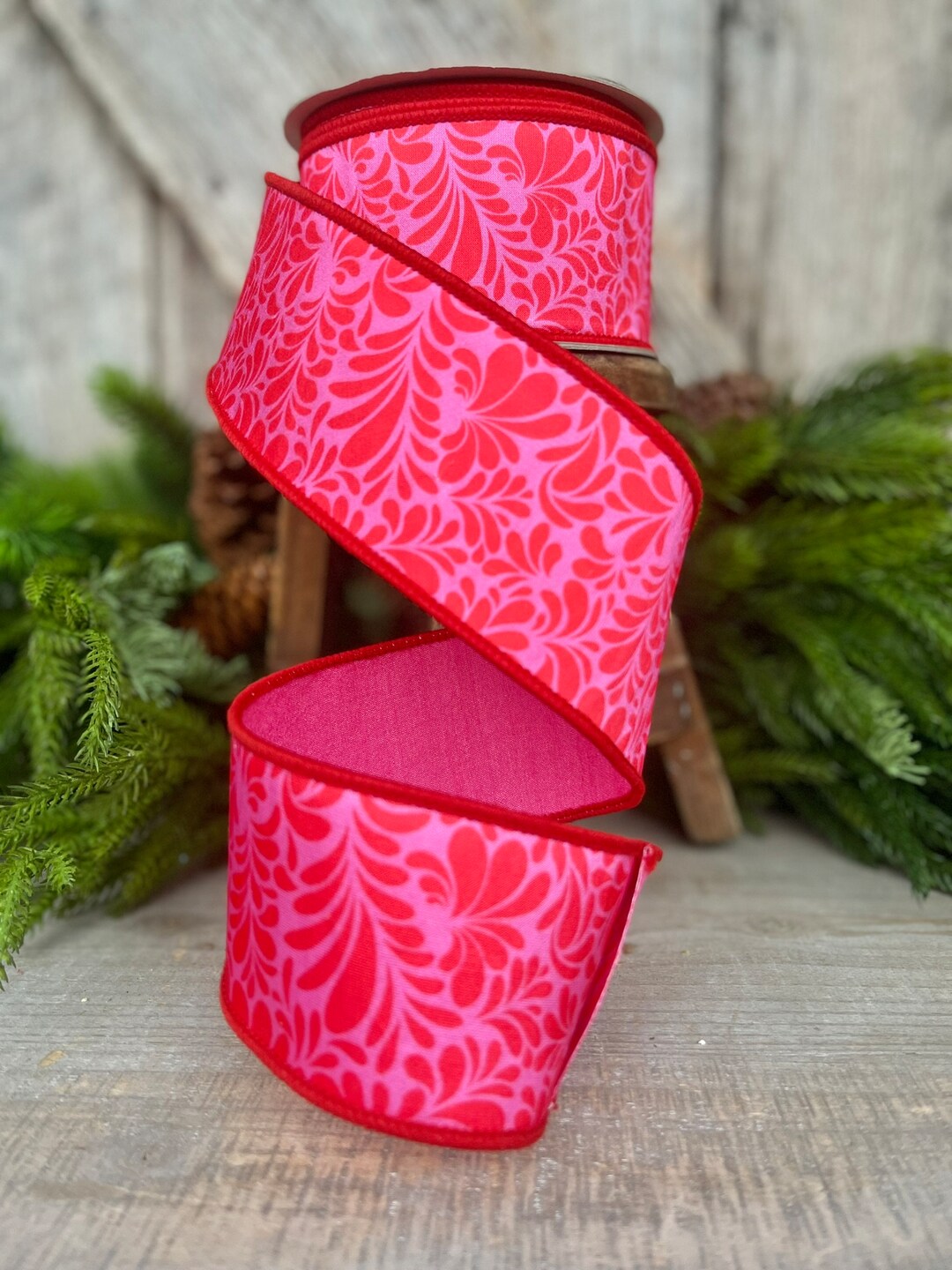 2.5" Red Pink Mod Paisley Ribbon, Farrisilk Ribbon, Spring Ribbon ...