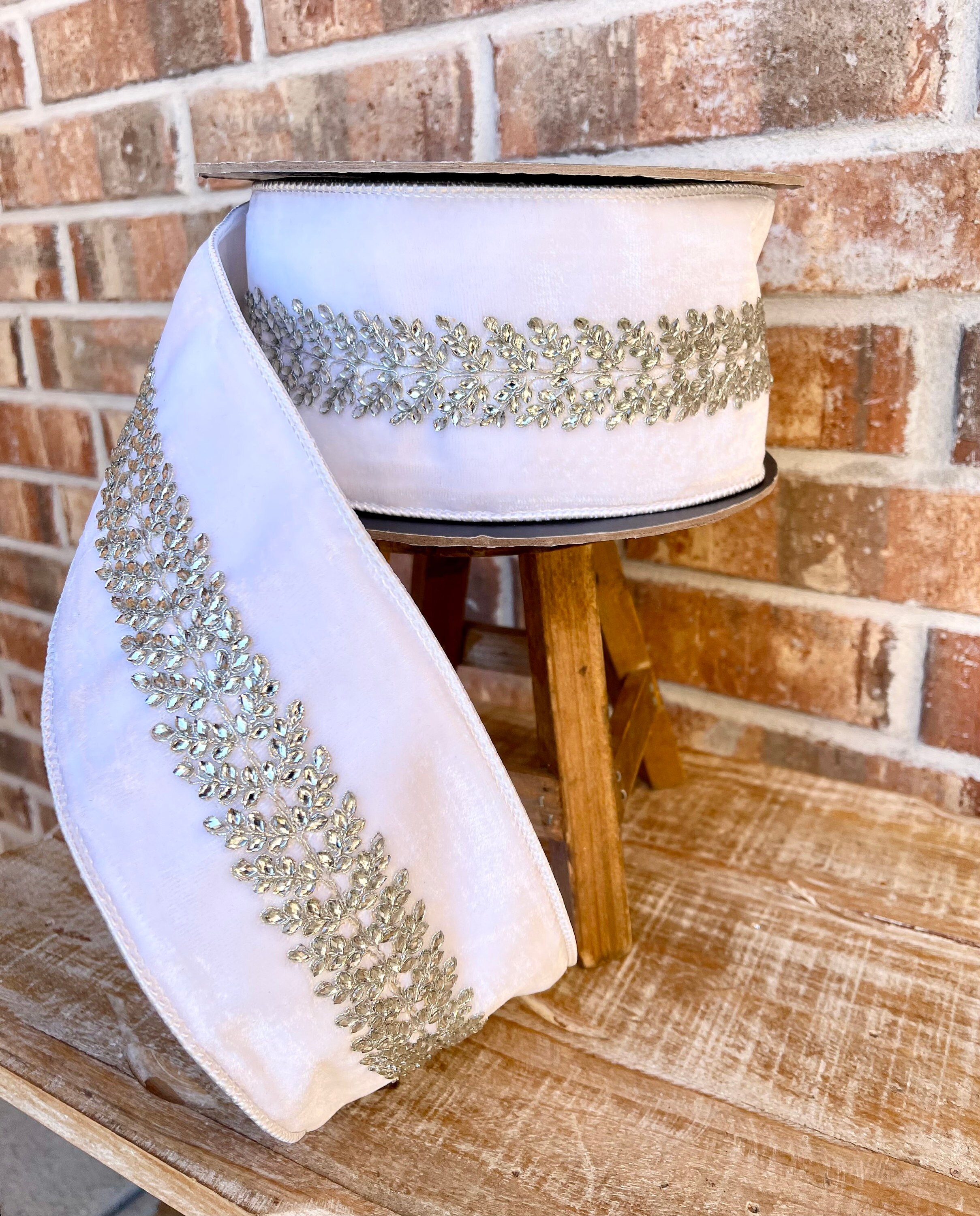 D Stevens ribbon, velvet jeweled ribbon, white ribbon, 4 inch ribbon ...