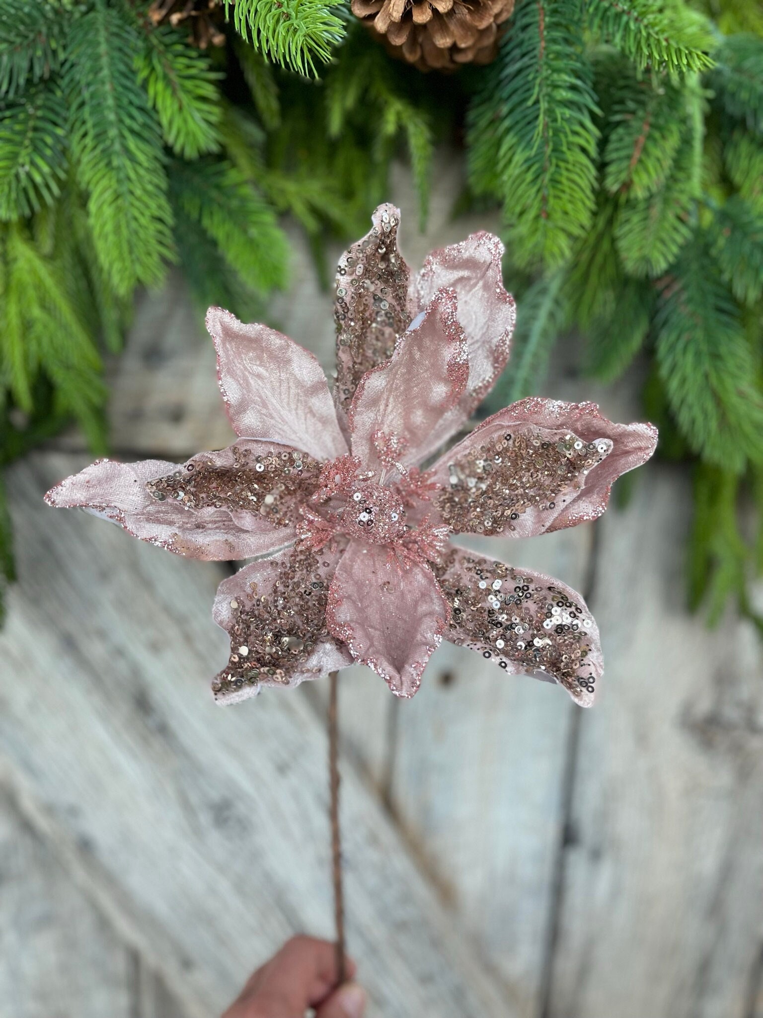 7 Blush Pink Magnolia Leaf Pick, jeweled Christmas Spray, Holiday ...