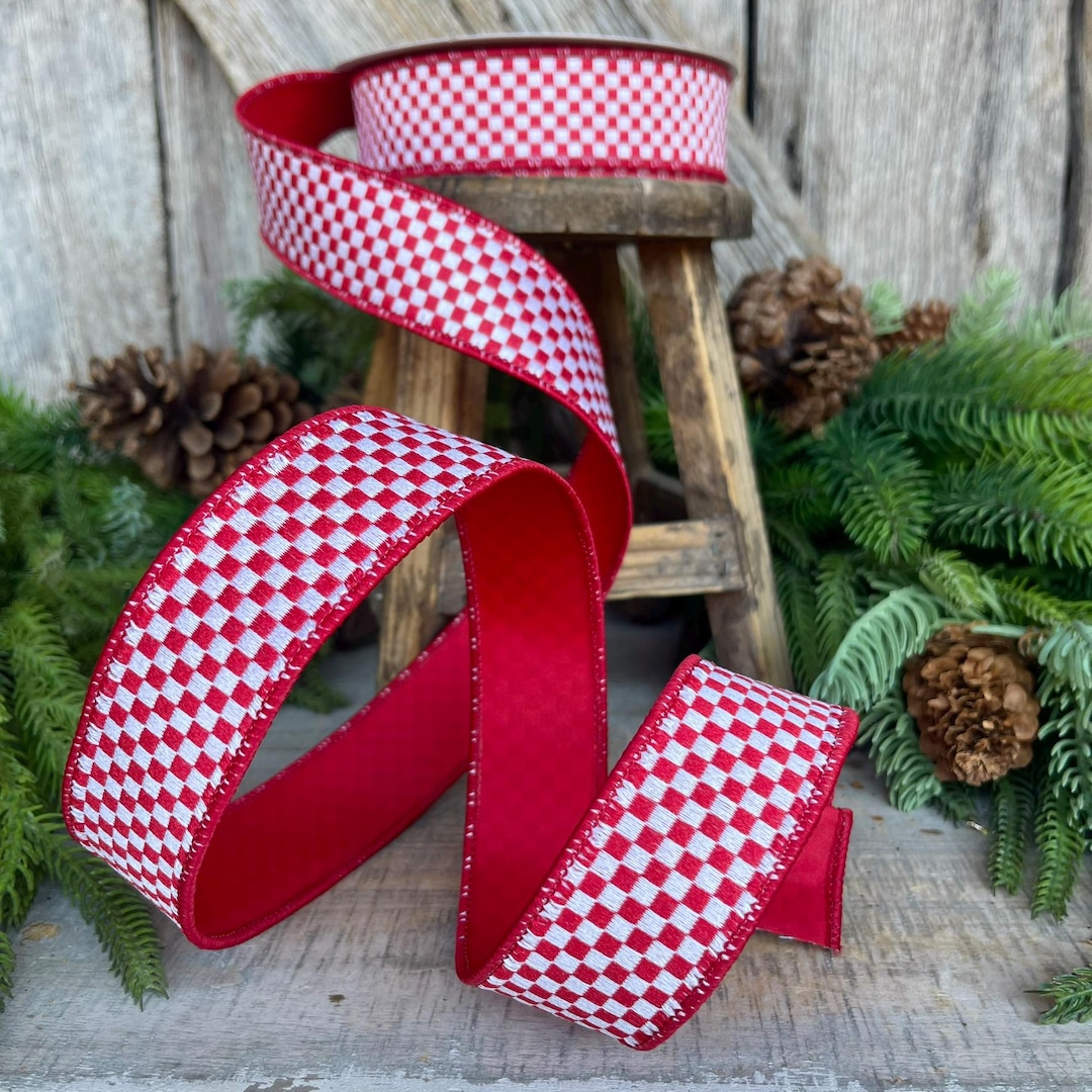 1.5" Red Mini Checks Ribbon, Farrisilk Ribbon, Check Ribbon, Christmas ...