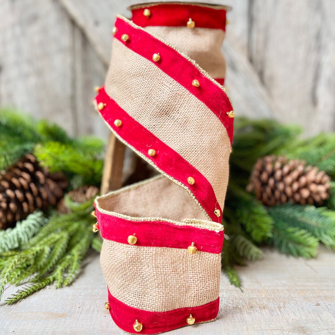 4 Red Velvet and Burlap Bells Ribbon, Christmas Burlap Ribbon, 5 Yards ...