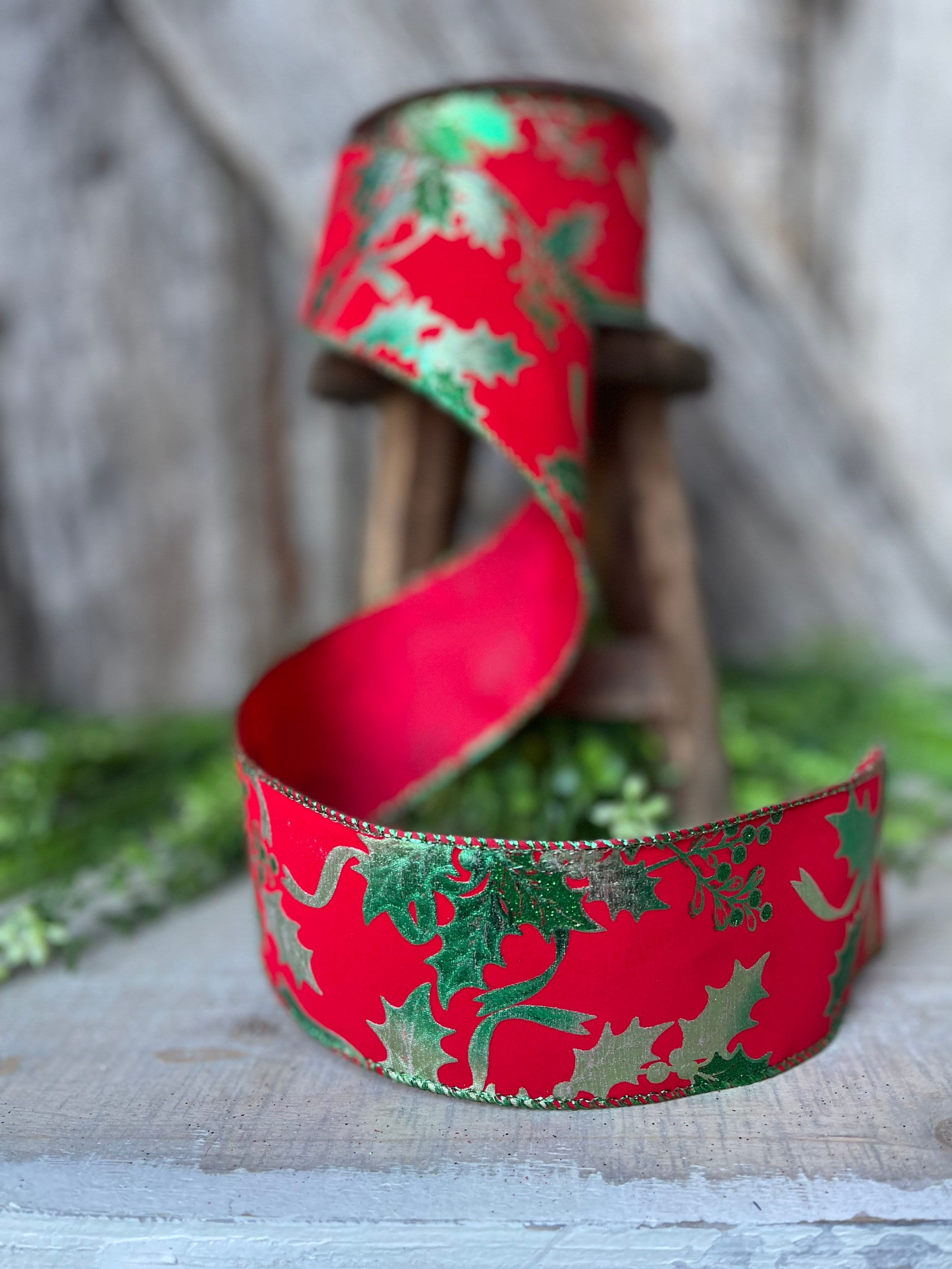 10 yards, Christmas Ribbon, Holly Ribbon, Christmas Wired Ribbon, red ...