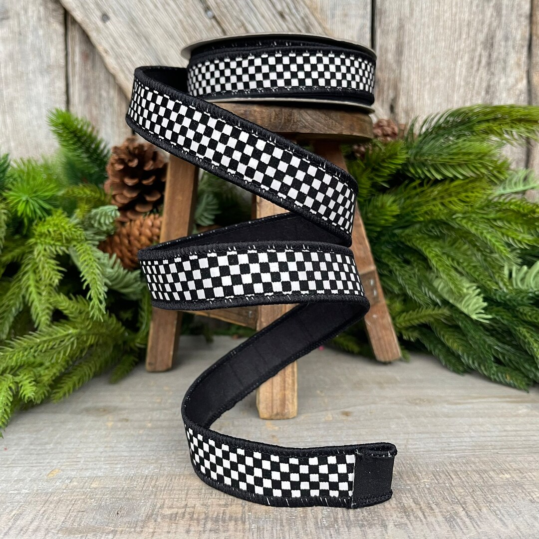 1" Black White Mini Checkered Ribbon, Farrisilk Ribbon, Check Ribbon ...