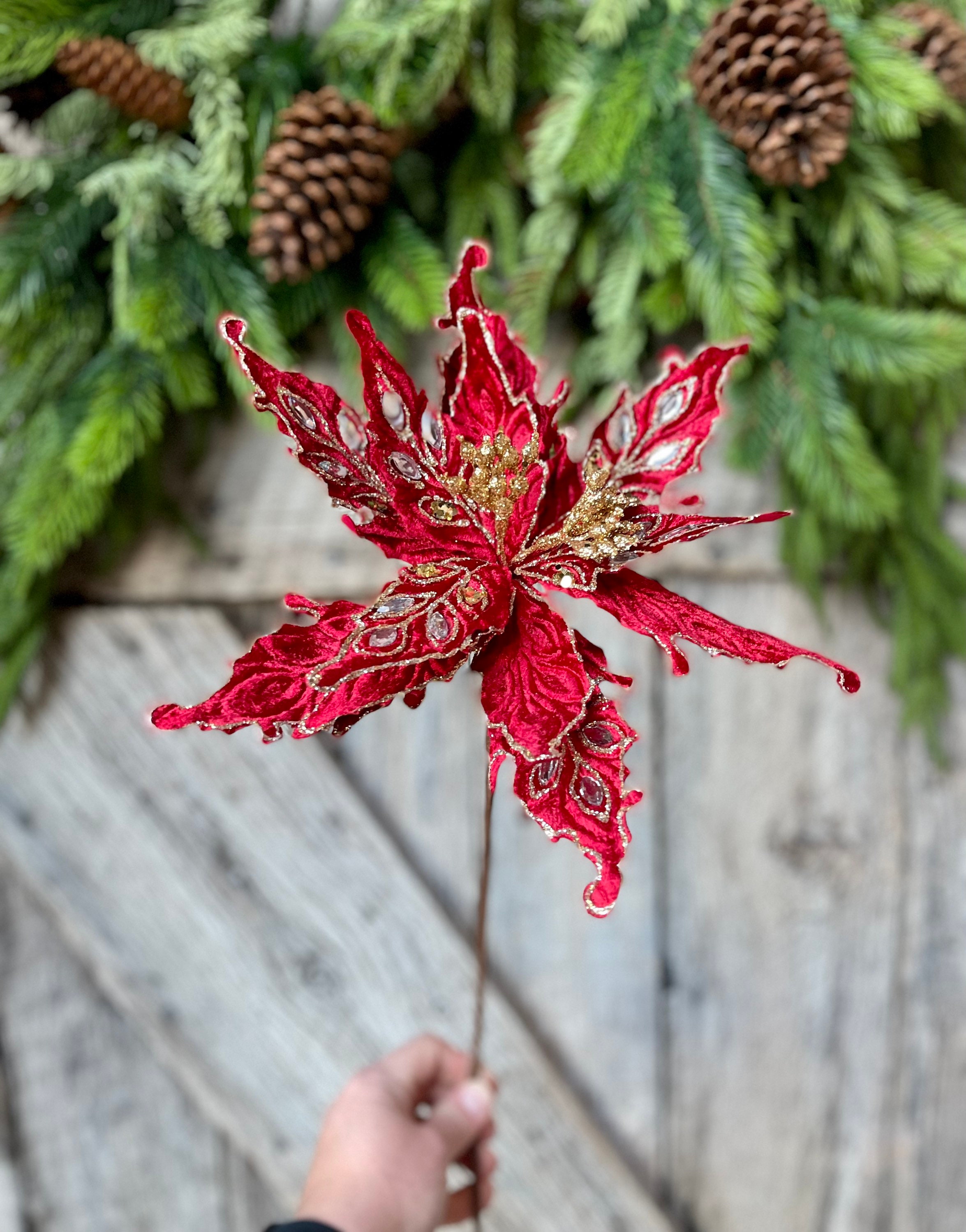 Red Jeweled Poinsettia Stem, Christmas Poinsettia, Scarlet Red ...