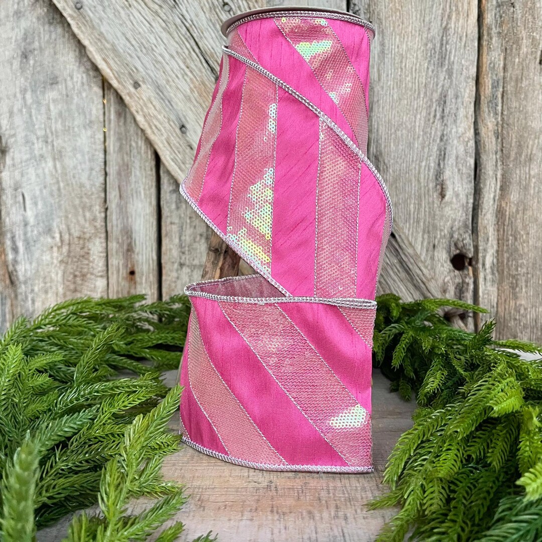 4" Hot Pink Diagonal Stripe Ribbon, Christmas Ribbon, Pinkmas Ribbon ...