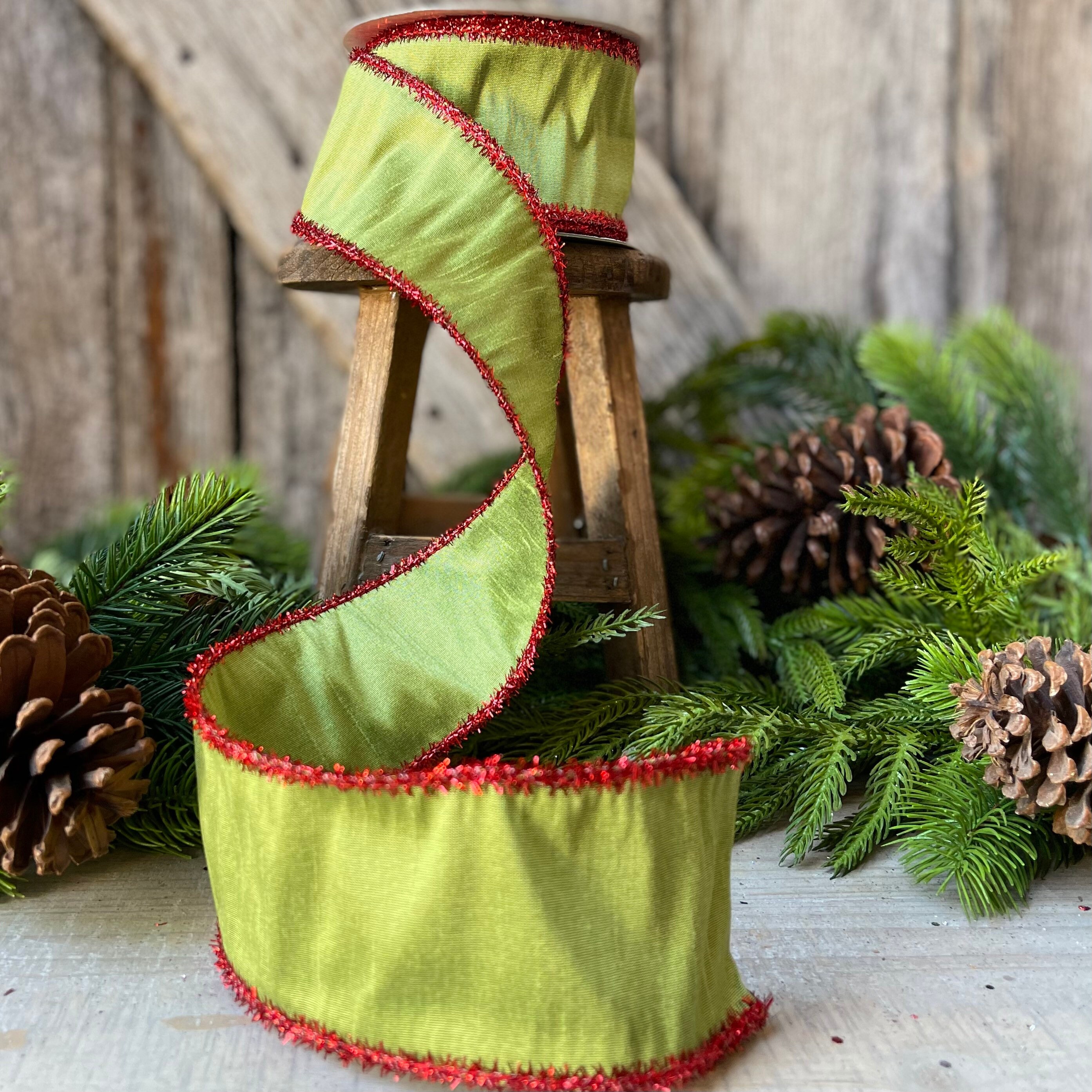Lime Green with Red tinsel trim wired ribbon, Christmas tree ribbon ...