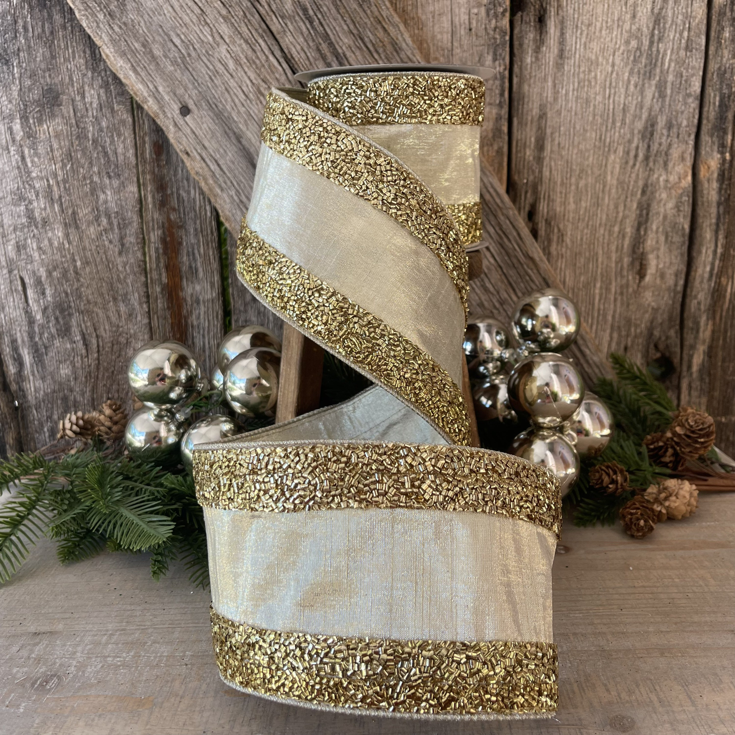 Champagne Tinsel Border Gold Ribbon, 4 inch gold ribbon, christmas ...