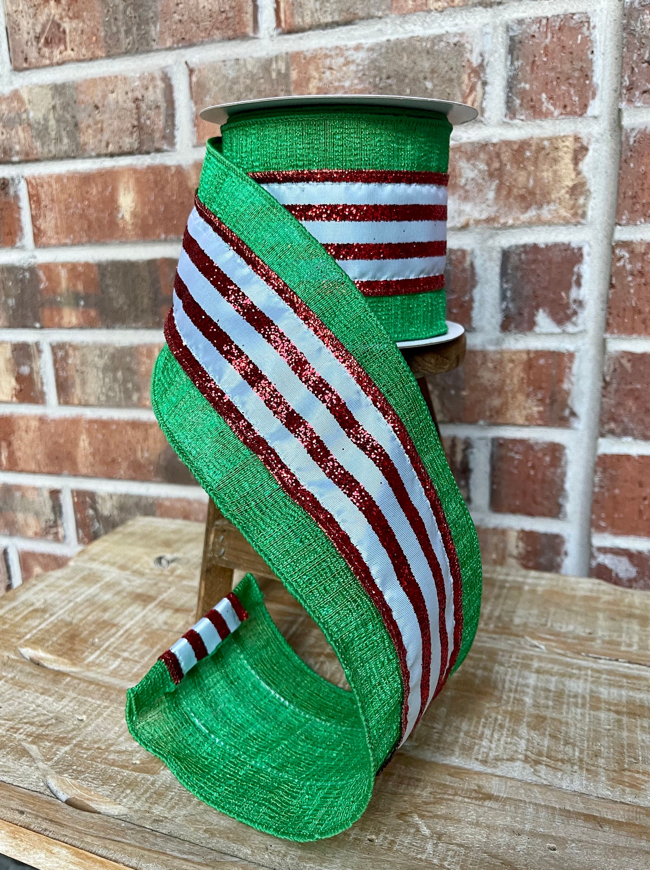 Red green ribbon, Christmas ribbon, 4 inch ribbon, red white stripe ...