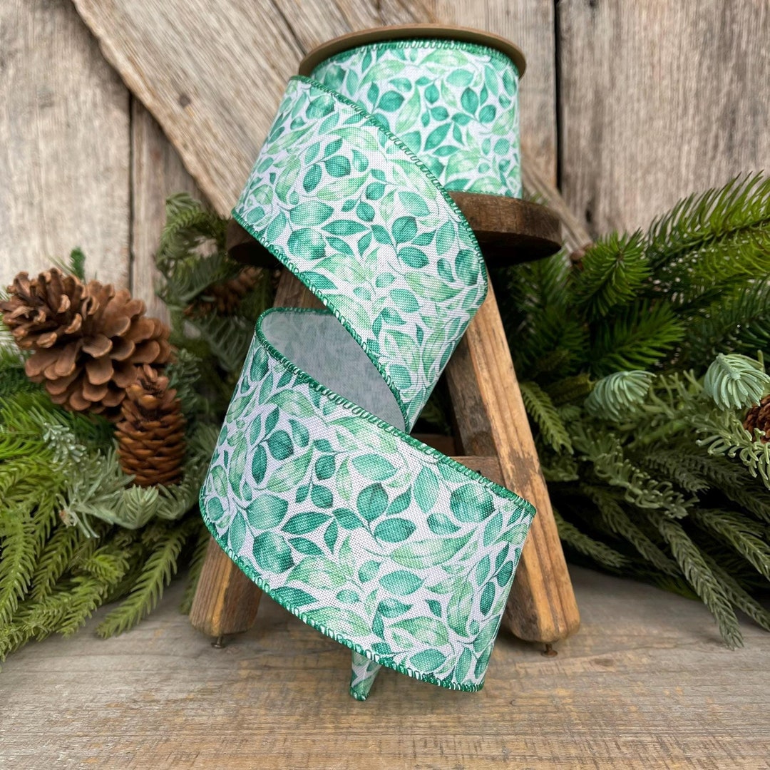 2.5" Green Leaf Ribbon, Wired Ribbon, Spring Ribbon, Wedding Ribbon ...