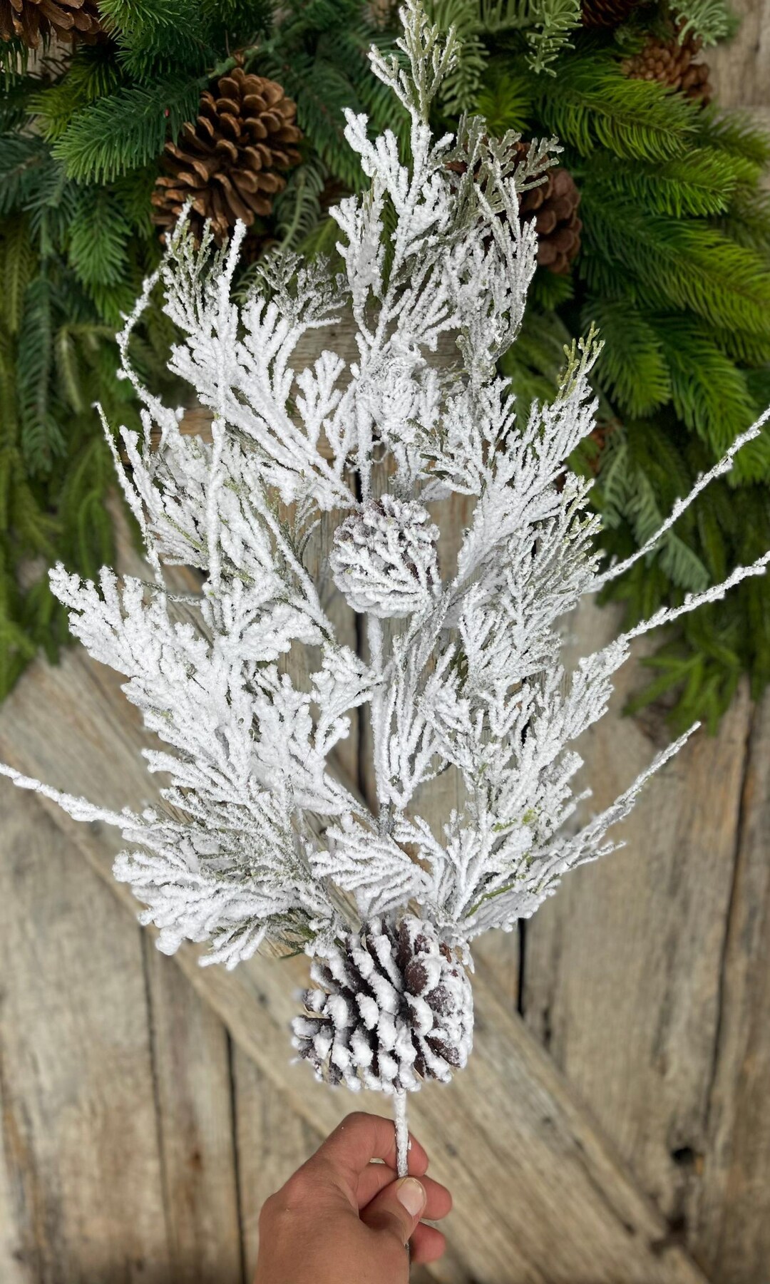 30" Snow Cedar Pinecone Spray, Flocked Pine Stem, Flocked Greenery ...