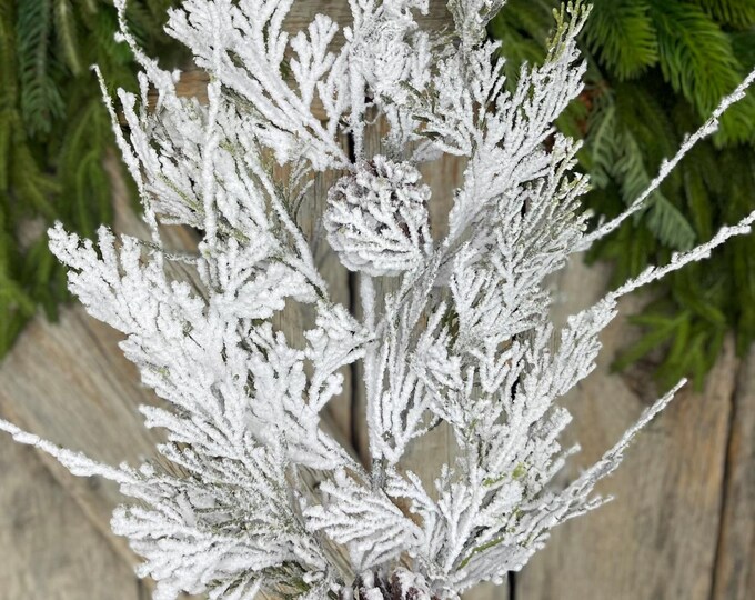 30" Snow Cedar Pinecone Spray, Flocked Pine Stem, Flocked Greenery ...