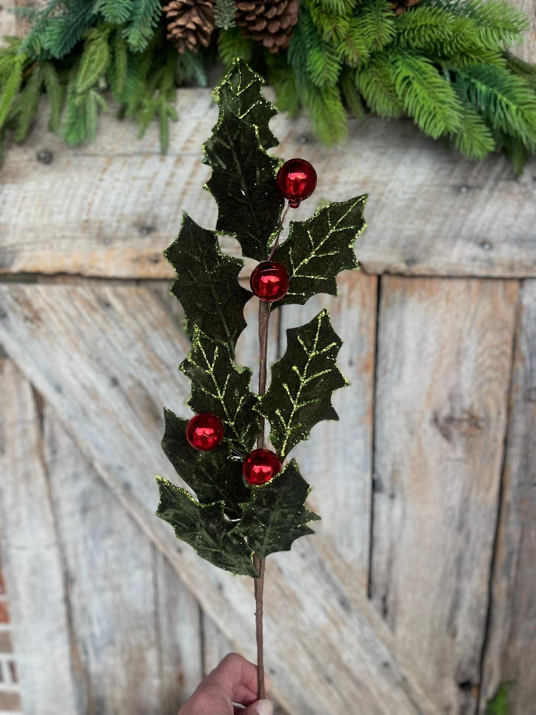 27" Red Green Velvet Holly Leaf Spray, Christmas Spray, Christmas Tree ...