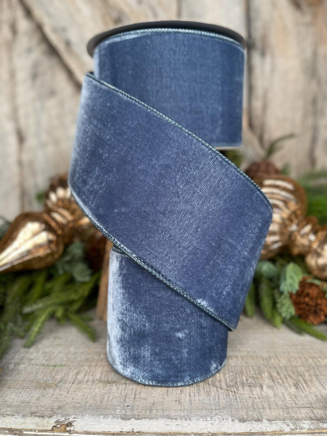 4” Steel Blue Velvet Ribbon, Velvet Ribbon, Christmas Ribbon, Wired ...