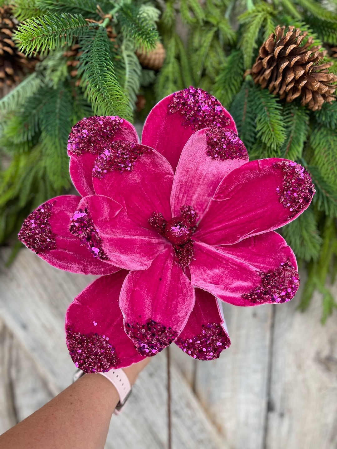 21" Hot Pink Velvet Magnolia, Christmas Magnolia, Faux Magnolia Stem ...