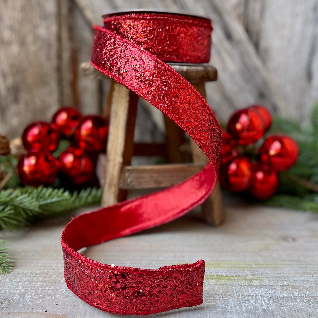Red Chunky Glitter Wired Ribbon, Farriislk Ribbon, Christmas Ribbon, 1. ...