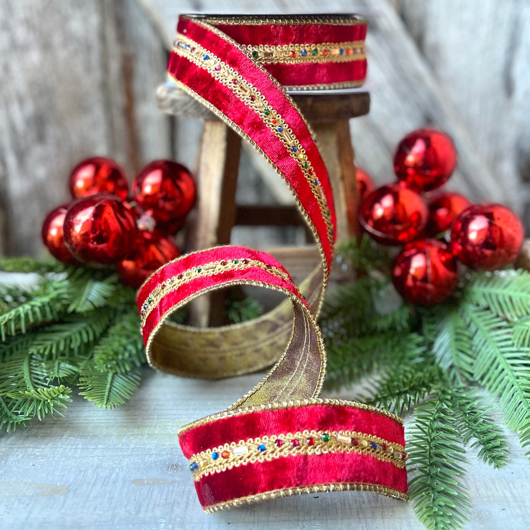 Red Velvet Jeweled Ribbon, Mutli Colored Jeweled Ribbon, Christmas ...