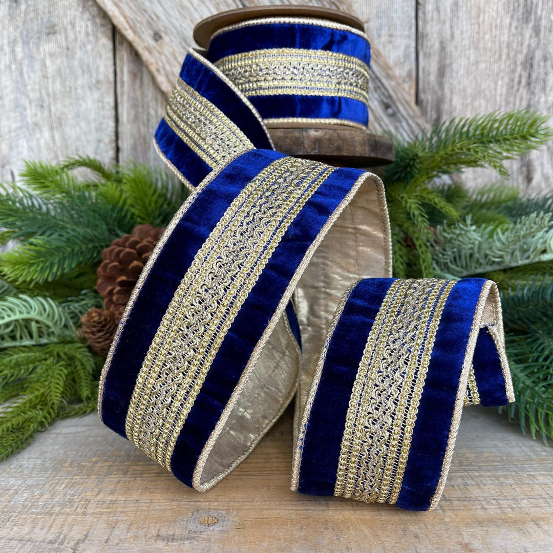 2.5" Blue and Gold Trim Ribbon, Royal Blue Ribbon, Wired Ribbon, Blue ...